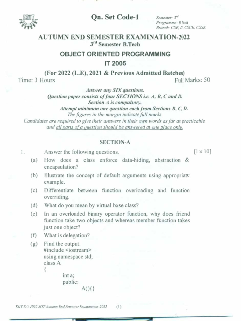 3rd Semester, B. Tech, Object Oriented Programming, IT 2005 (For 2022 (L.E.) 2021 & Previous ...