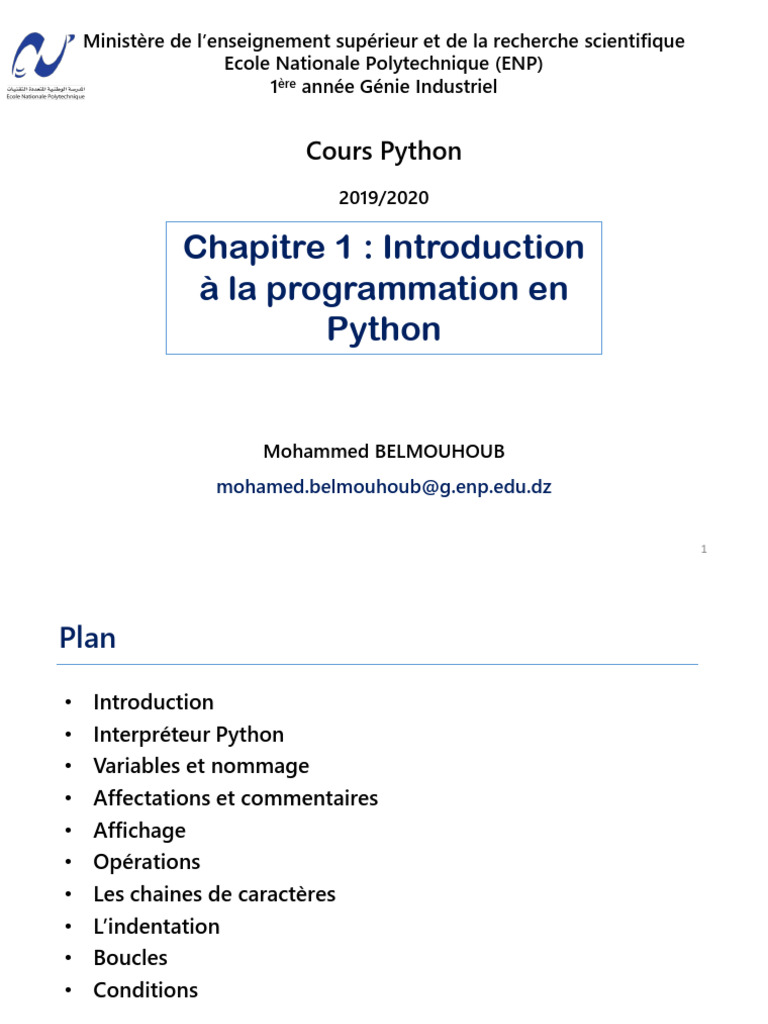 Cours Python - Chapitre 1 | PDF | Structure de contrôle | Python (Langage de programmation)