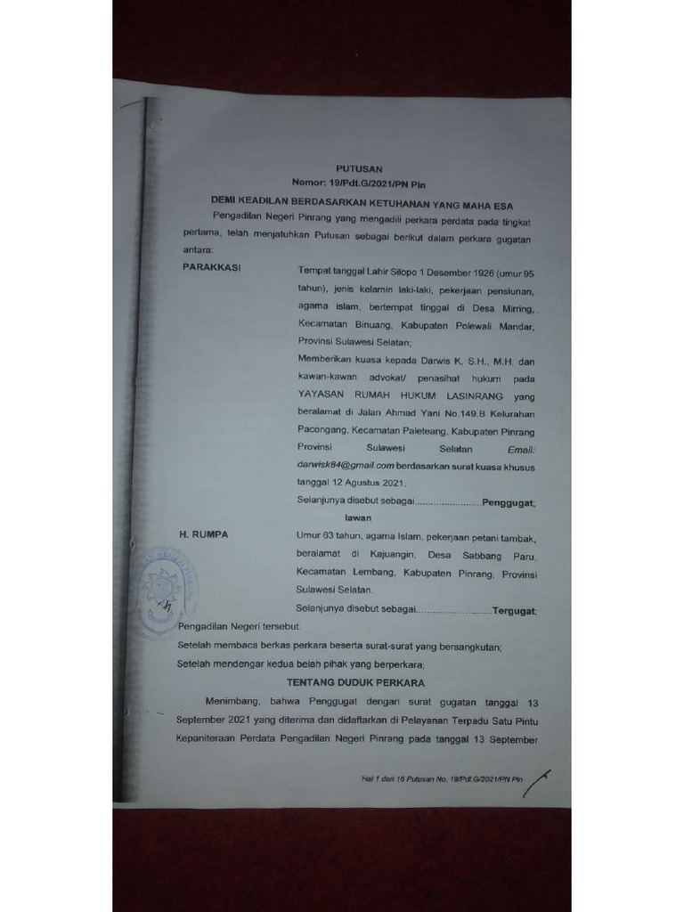 Perkara Nomor 19 PN Pinrang | PDF