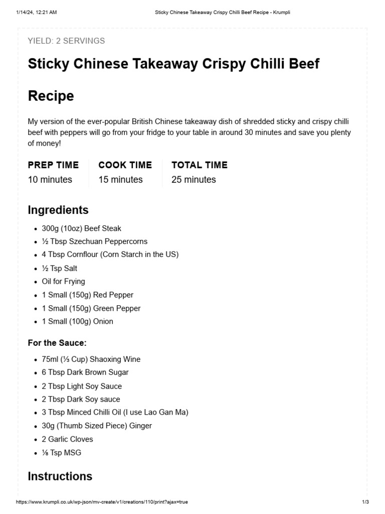 Crispy Chilli Beef Takeaway Recipe | PDF | Beef | Fat