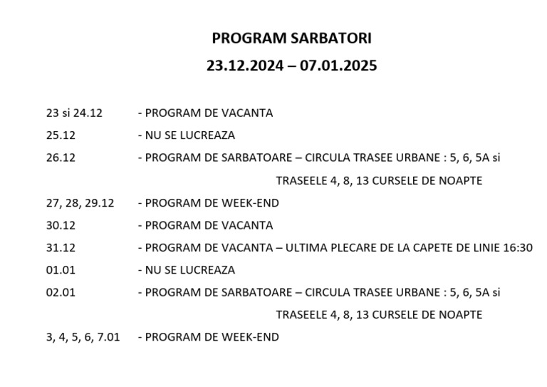 Program Sarbatori Incepand Cu 23.12.2024 | PDF