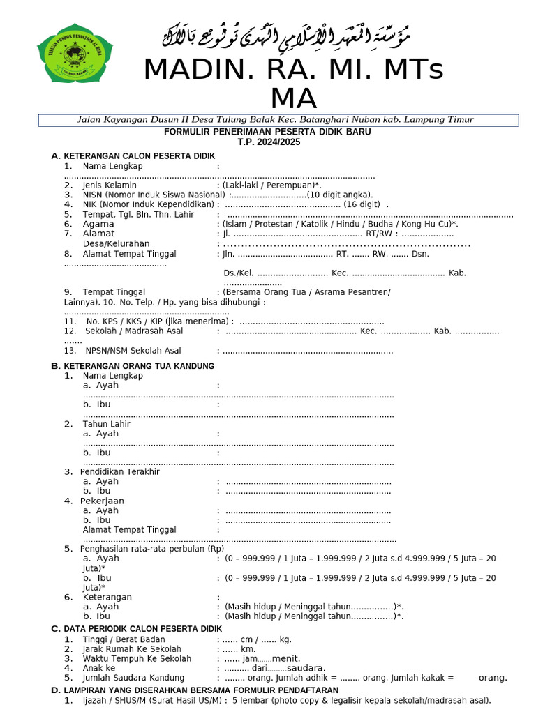 Formulir PPDB 2024-2025 AH | PDF