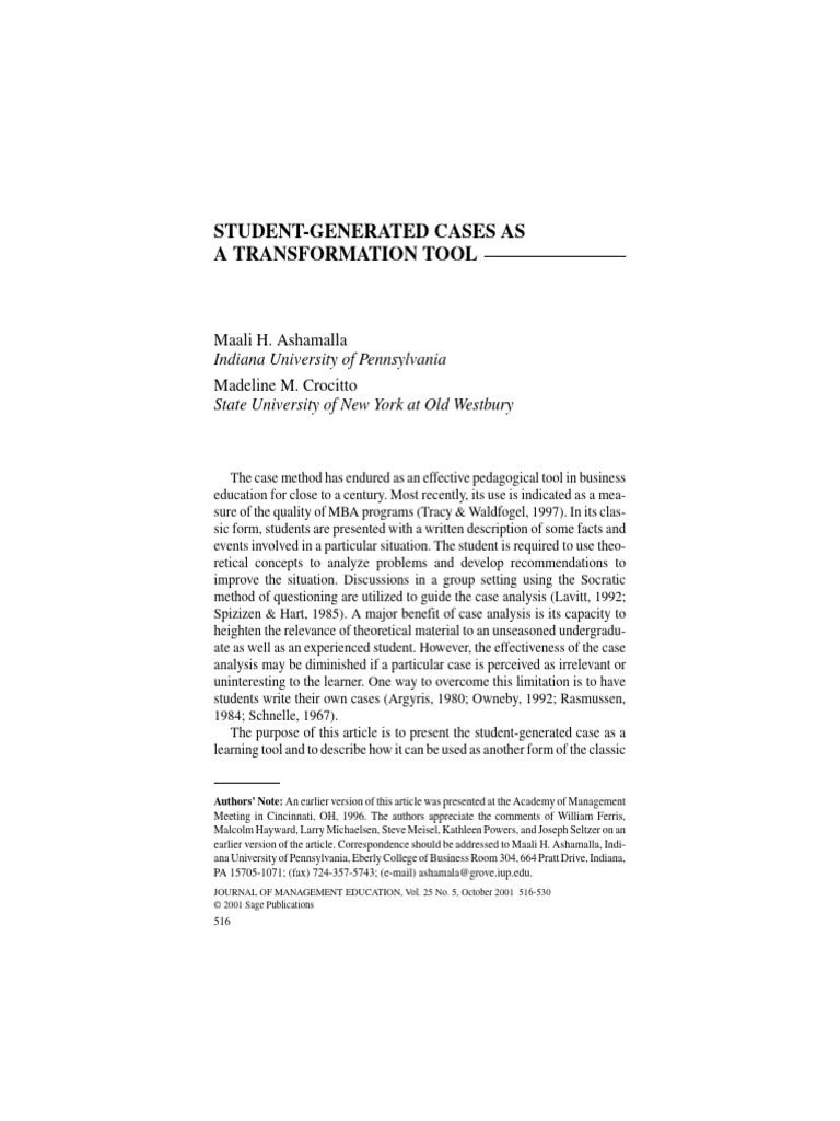 Ashamalla Crocitto 2001 Student Generated Cases As A Transformation ...