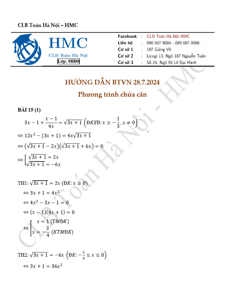 9HĐ0 - B7 (28.7.2024) - HD BTVN Phương Trình Chứa Căn. Số Nguyên Tố, Hợp Số | PDF