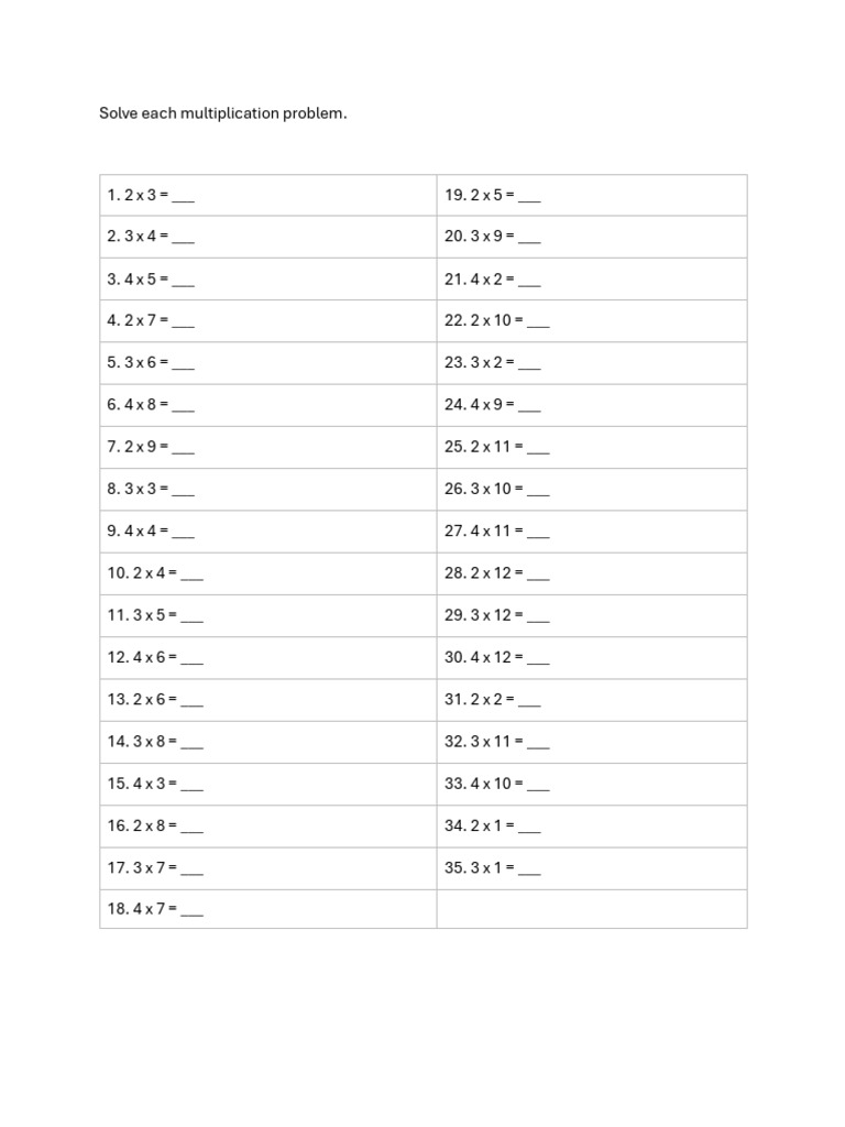 2,3 and 4 Multiplication Table Test | PDF
