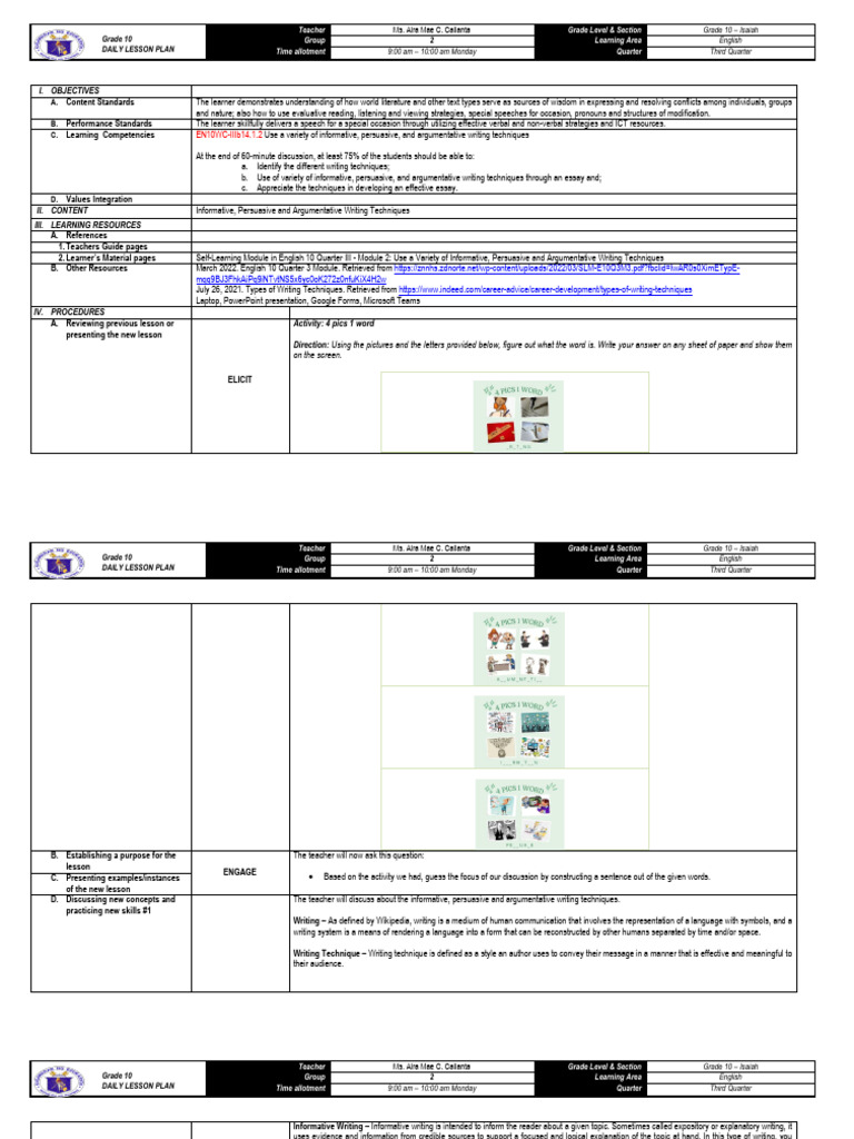 Detailed Lesson Plan (Writing Techniques) | PDF | Essays | Argument