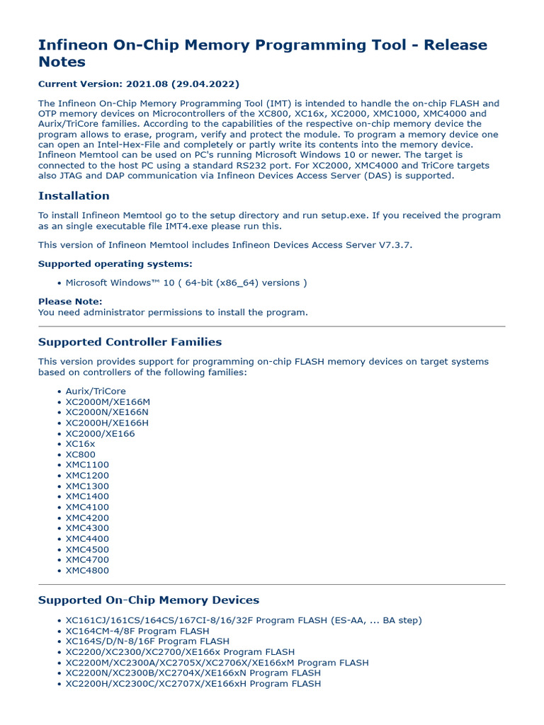 Infineon On-Chip Memory Programming Tool - Release Notes: Installation ...