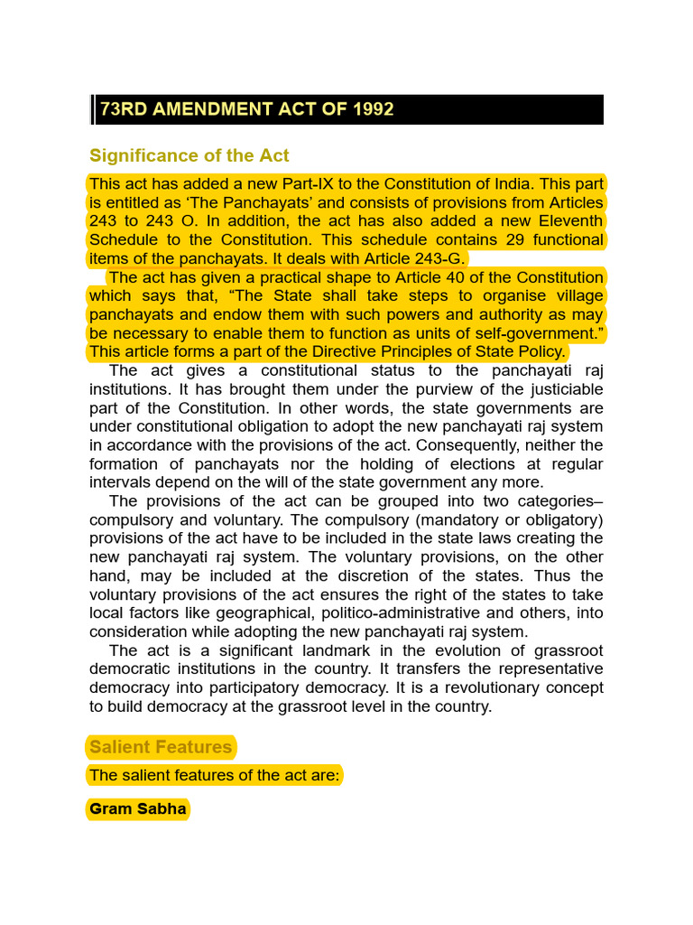 73rd Amendment Act: Panchayati Raj Overview | PDF | Government Of India ...