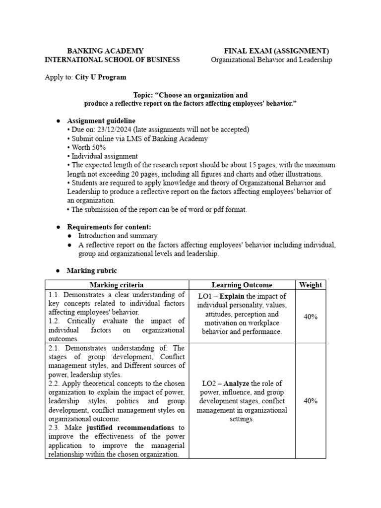 OBL Exam (Assignment and Marking Rubic) | PDF | Organizational Culture ...
