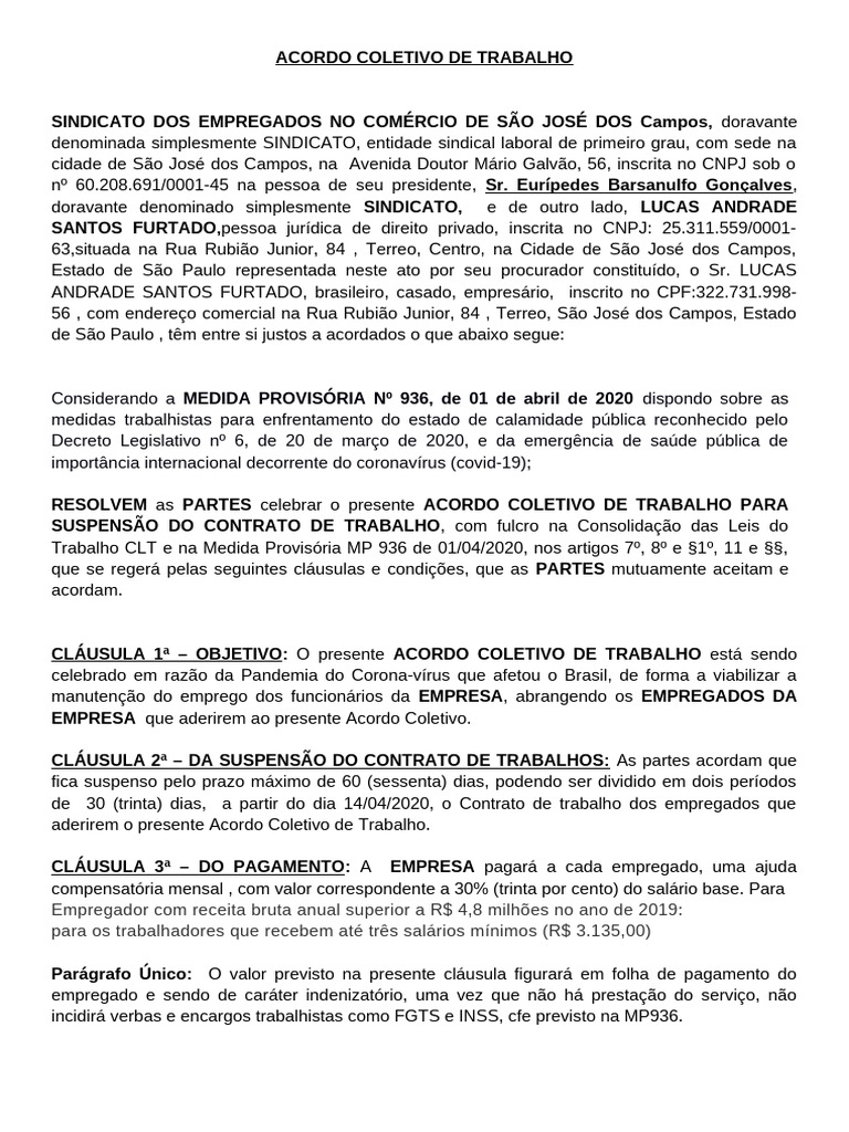 Modelo ACT COVID-19lucas 2 | PDF | Sindicato | Salário