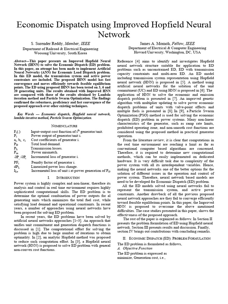 Economic Dispatch Using Improved Hopfield Neural Network | PDF | Mathematical Optimization ...
