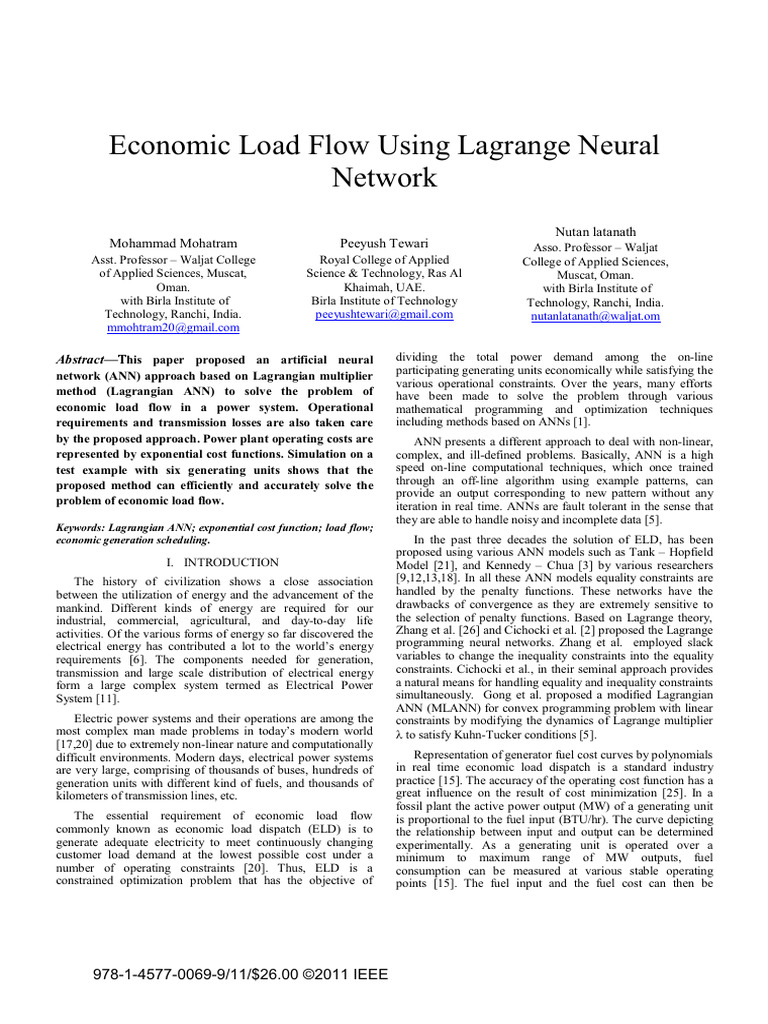 Economic load flow using Lagrange neural network | PDF | Mathematical Optimization | Mathematics