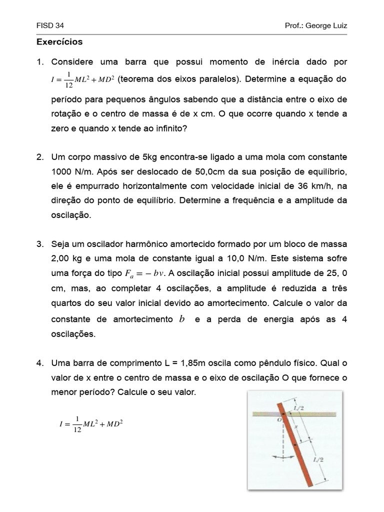 Lista de Exercícios Energia do MHS e Pêndulos | PDF