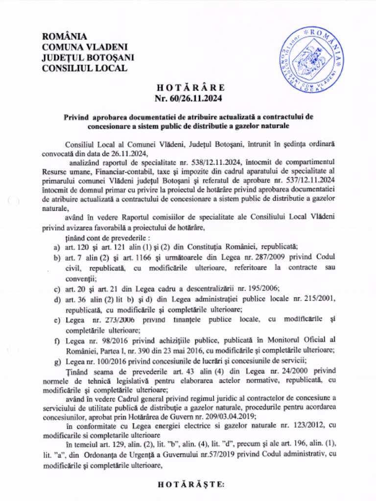 HCL Nr. 60 Din 26.11.2024 Aprobare Documentatie Concesiune Gaze ADI | PDF