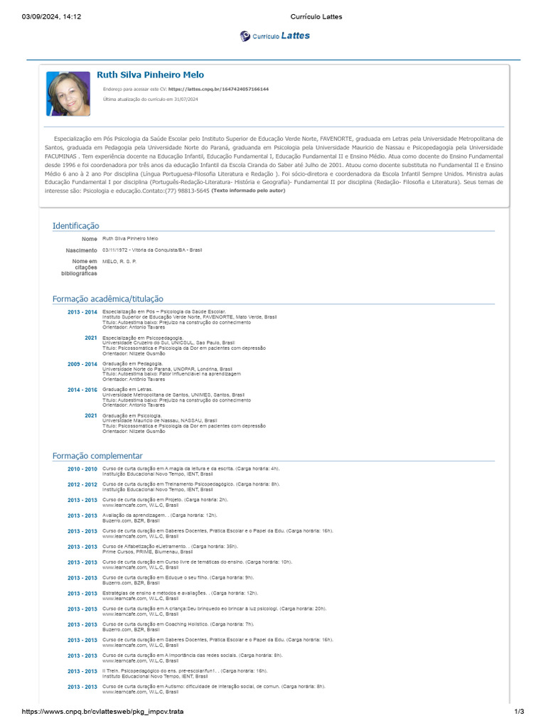 Currículo Lattes Ruth Pinheiro 2024 | PDF | Pedagogia | Faculdade