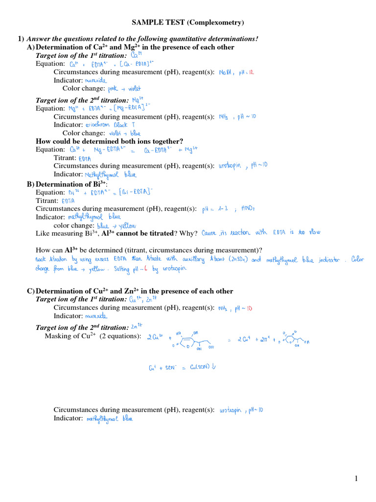 Sample Test - Complexometry | PDF | Titration | Chemistry