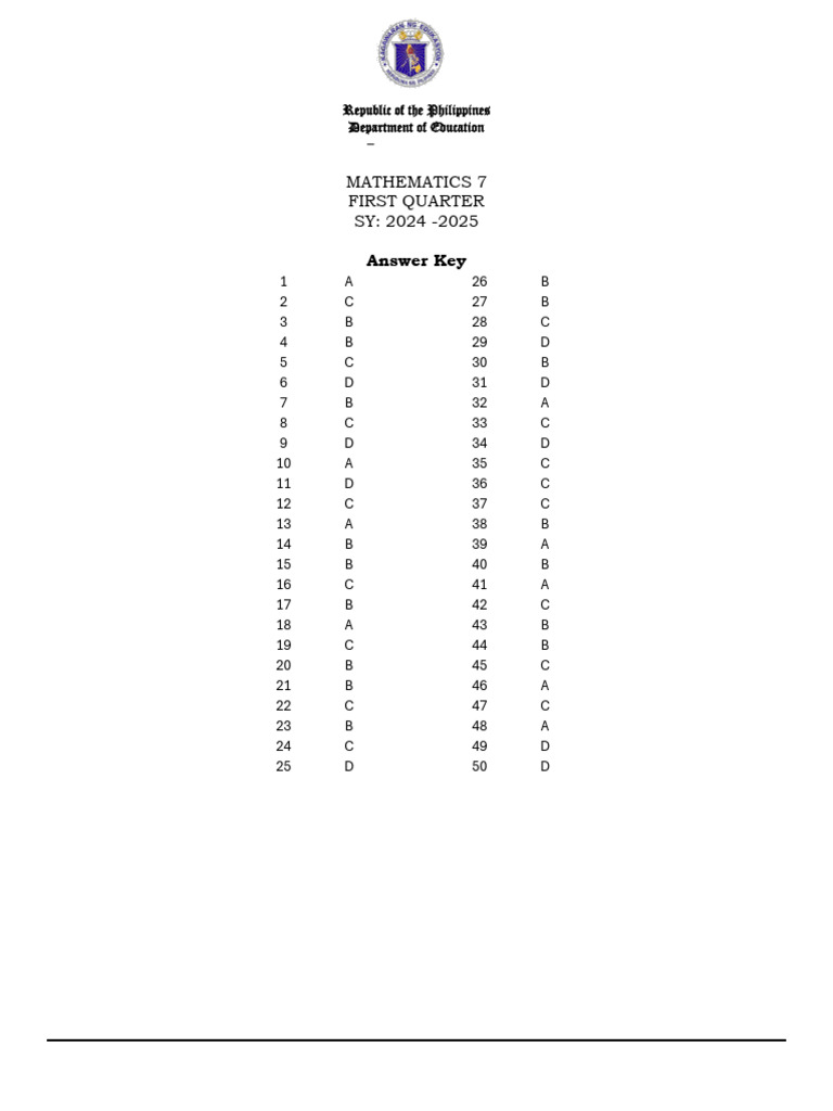 Math 7 Q1 ANSWER KEY | PDF