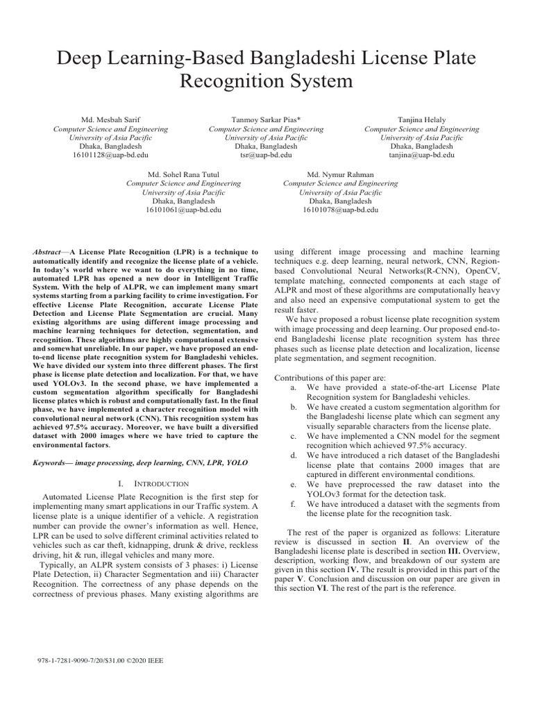 Deep Learning-Based Bangladeshi License Plate Recognition System | PDF | Image Segmentation ...