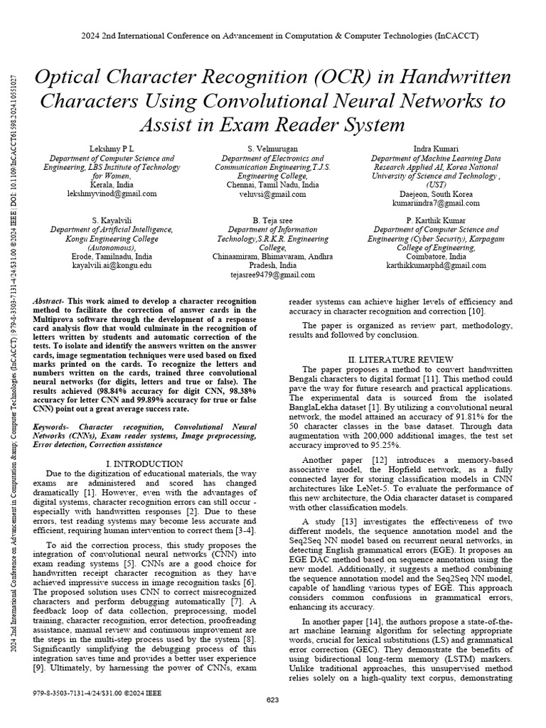 Optical Character Recognition Ocr In Handwritten Characters Using Convolutional Neural Networks 