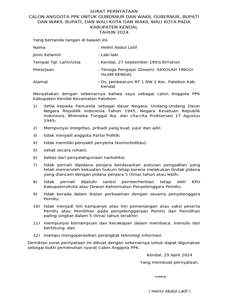 Surat Pernyataan PPK 2024 | PDF