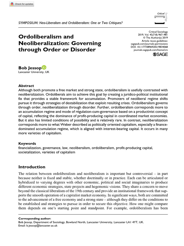 Ordoliberalism and Neoliberalism - Bob Jessop | PDF | Neoliberalism | Market (Economics)