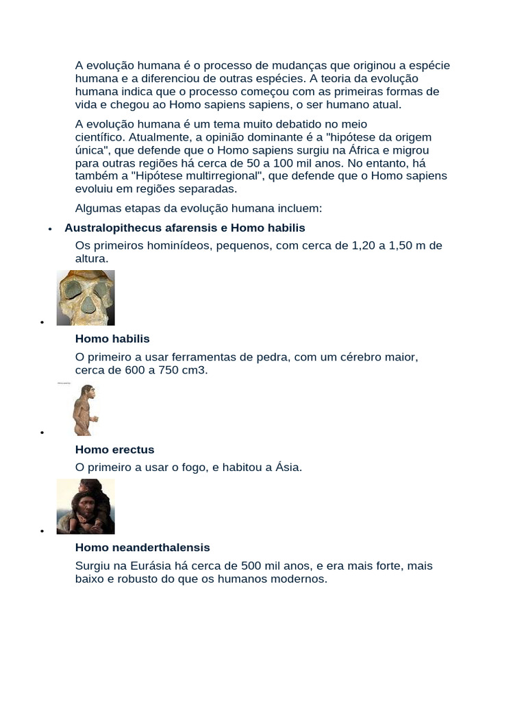 Evolução Humana: Da Origem ao Homo Sapiens | PDF