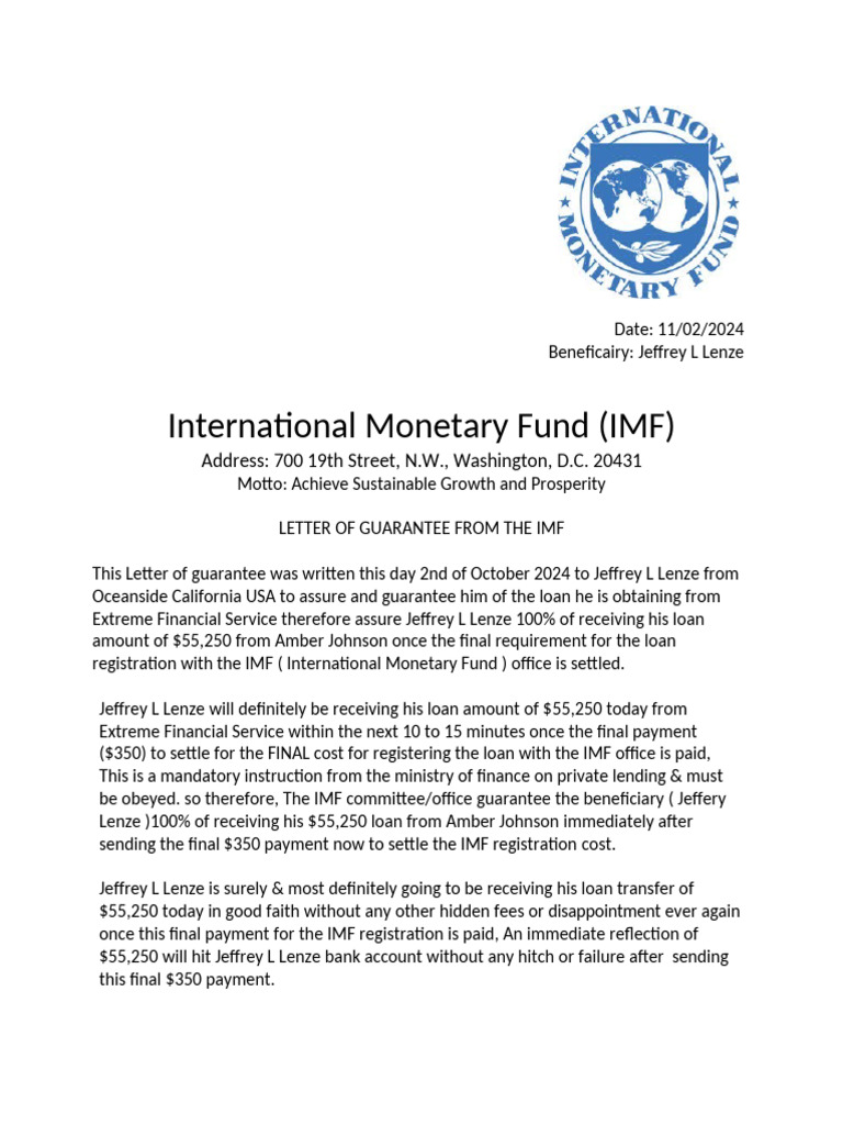 IMF Guarantee Letter To Mr. Jeffery Lenze | PDF