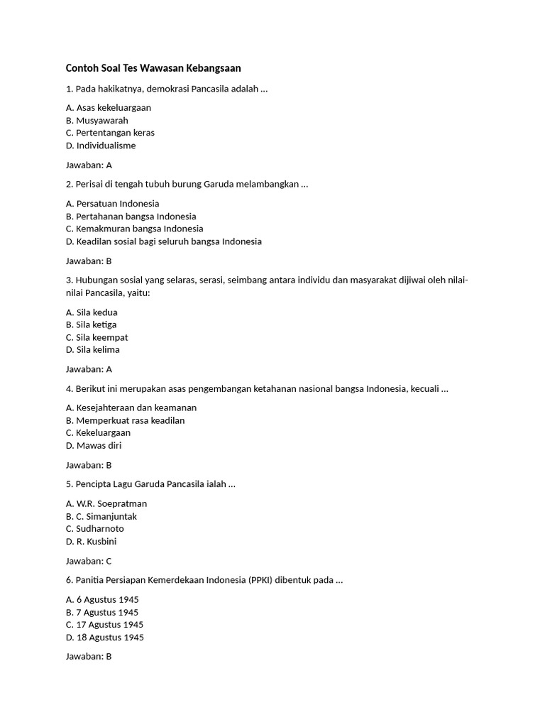 Contoh Soal Tes Wawasan Kebangsaan | PDF Contoh Soal Tes Wawasan Kebangsaan | PDF