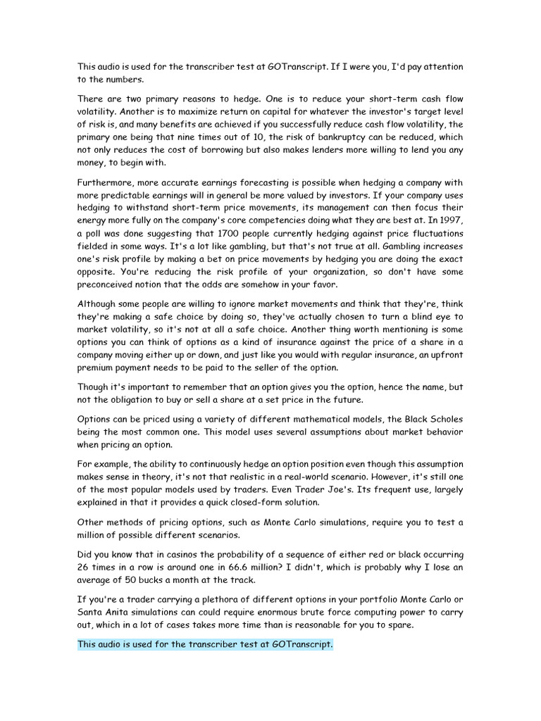 Gotranscript Test 1 | PDF | Option (Finance) | Hedge (Finance)