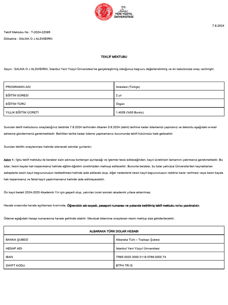 SALMA O J ALSWEIRKI TEKLİF MEKTUBU | PDF