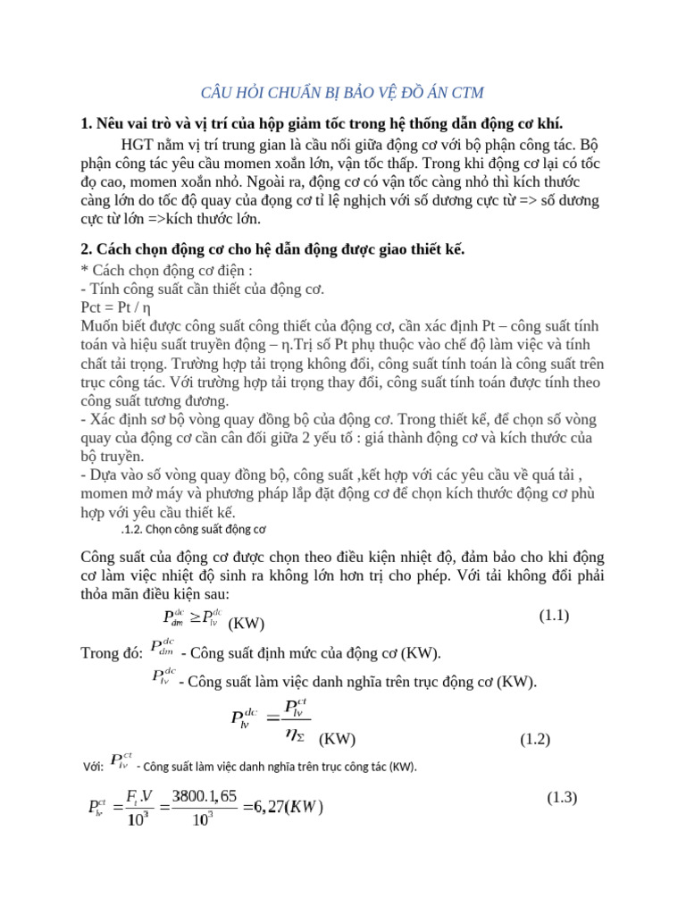 CÂU HỎI CHUẨN BỊ BẢO VỆ ĐỒ ÁN CTM 2 | PDF