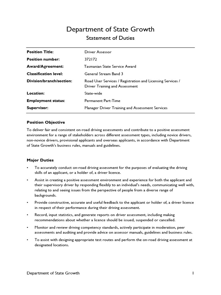 Statement of Duties - Driver Assessor (372172) | PDF | Employment | Crimes