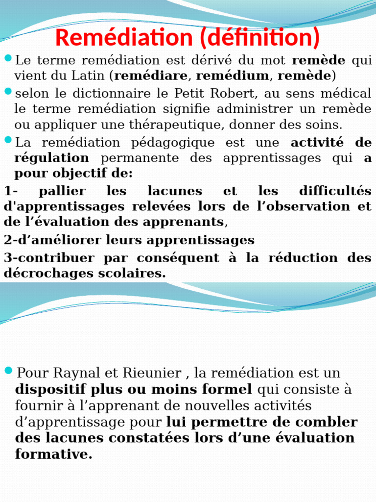 Définition de la remédiation pédagogique | PDF | Pédagogie | Apprentissage