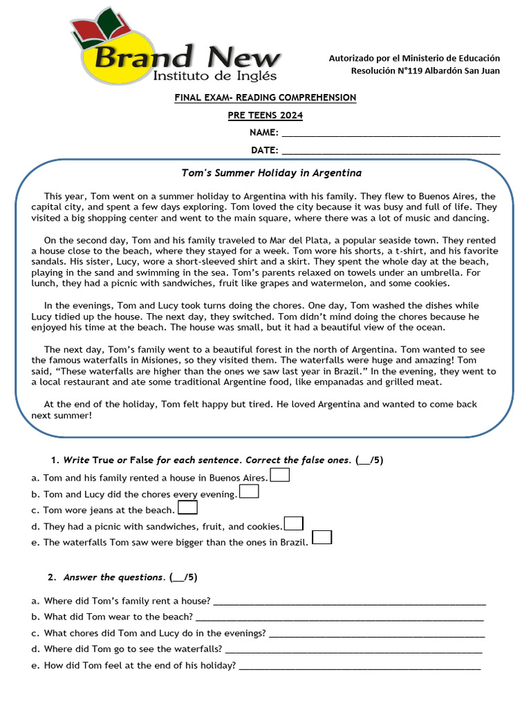 FINAL EXAM Reading Comp Preteens | PDF | Argentina