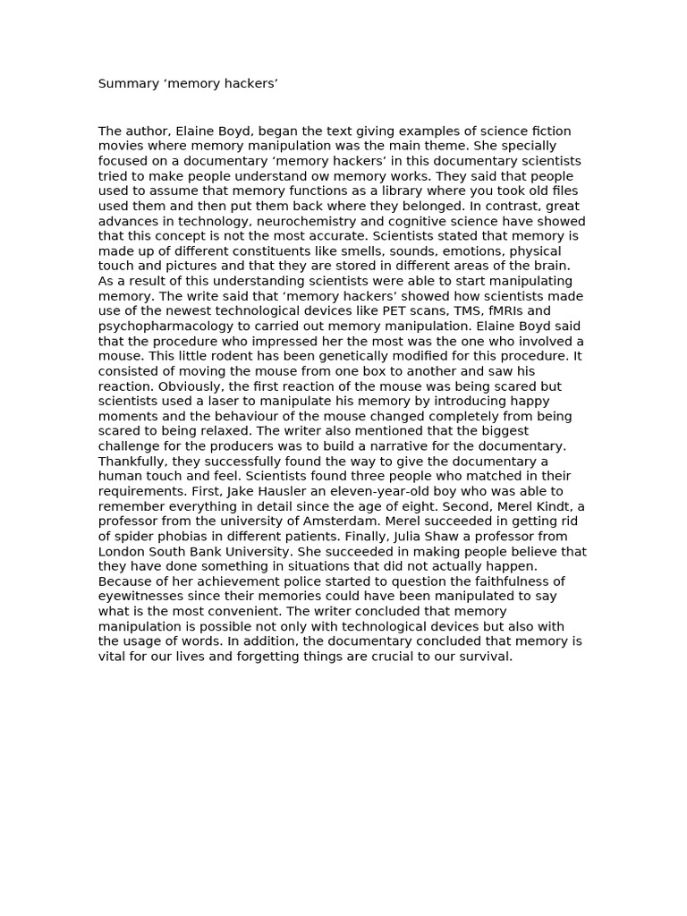 Summary Memory Hackers | PDF | Memory | Mental Processes