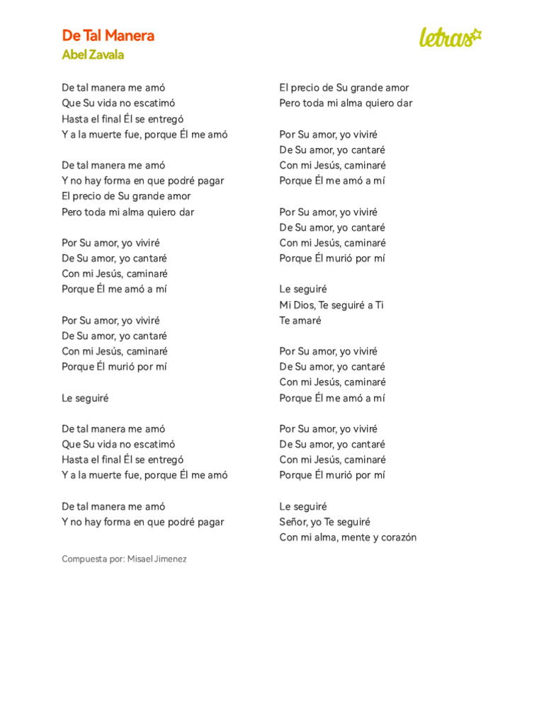 Letra de "De Tal Manera" - Abel Zavala | PDF