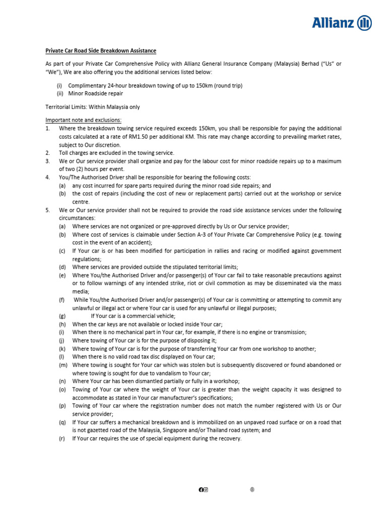 Allianz Car Roadside Assistance Details | PDF | Car | Insurance