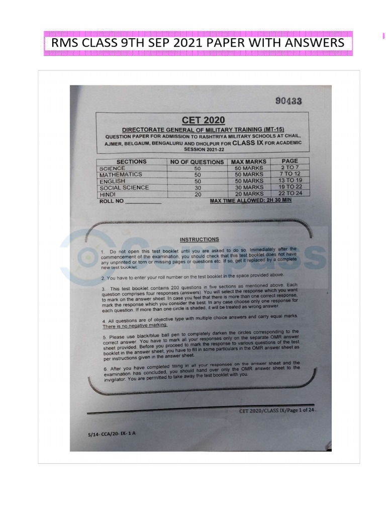 Ans of Rms Class 9th Sep 2021 Paper | PDF