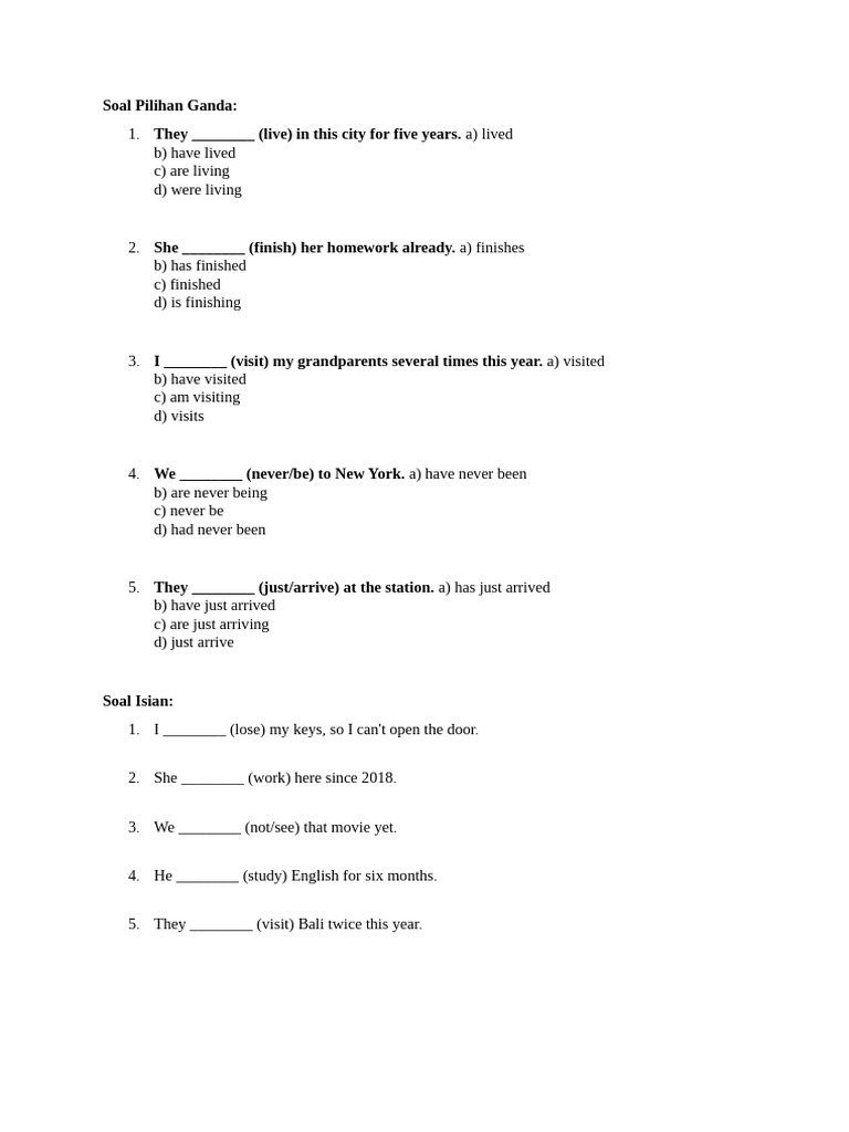 Bahan Soal Present Perfect Tense | PDF