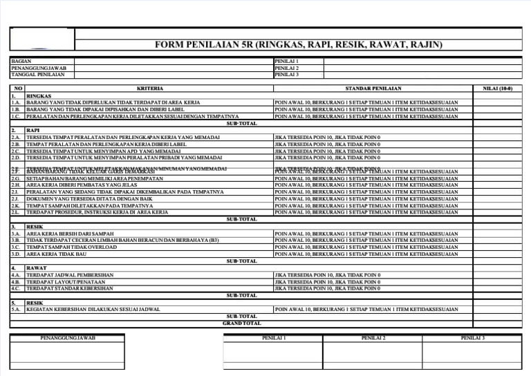 PDF Form Penilaian 5r Ringkas Rapi Resik Rawat Rajin Rev 00 PDF - Compress | PDF