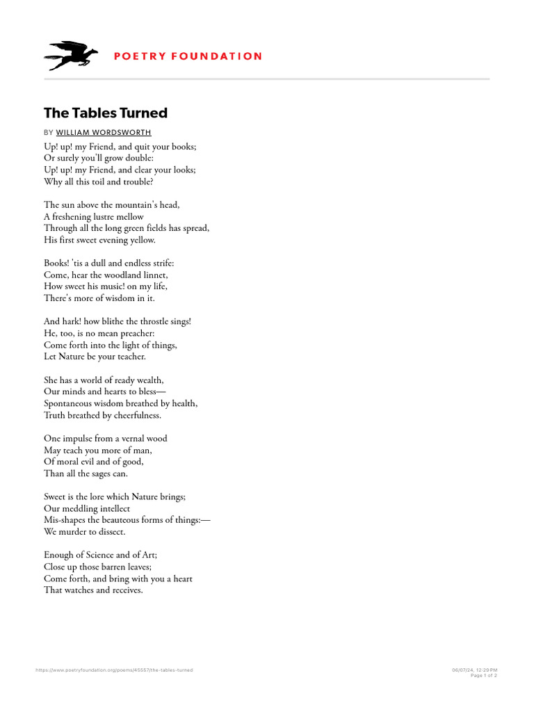 The Tables Turned by William Wordsworth - Poetry Foundation | PDF