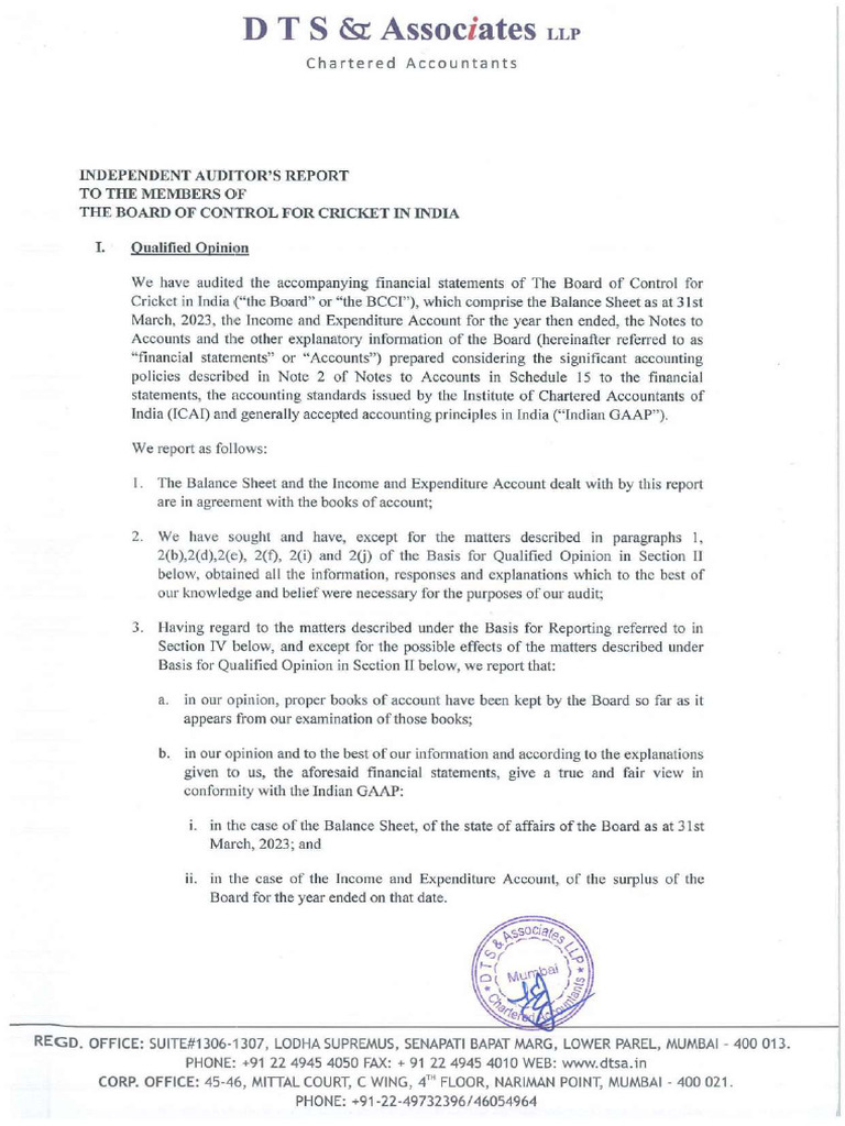 BCCI Audited Financial-FY 2022-23 | PDF | Audit | Auditor's Report