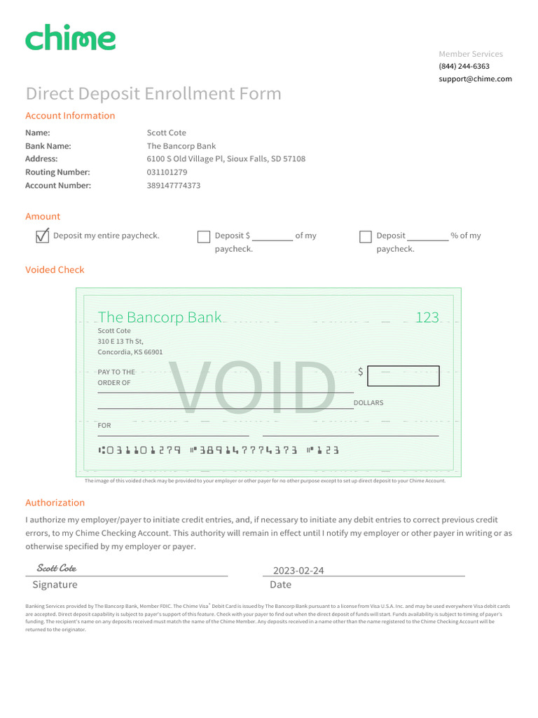 Direct Deposit Info Chime Bank | PDF | Paycheck | Banks