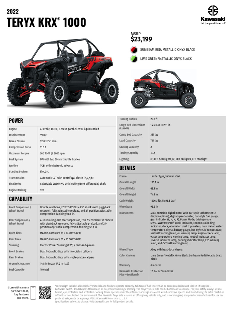 2022 Teryx KRX 1000 en Us Spec Sheet | PDF | Four Wheel Drive | Steering