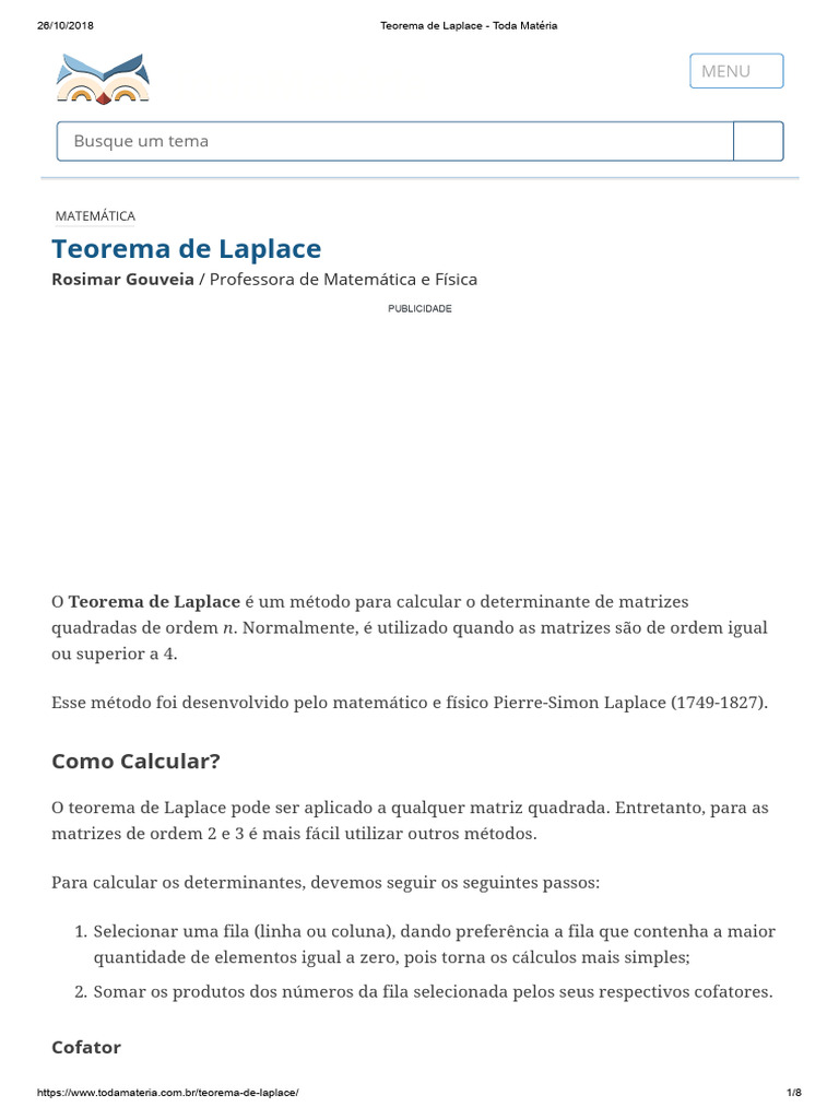Teorema de Laplace - Toda Matéria | PDF | Determinante | Matriz (Matemática)