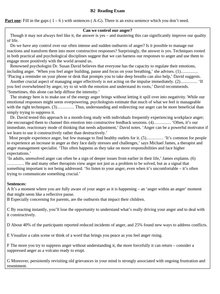 B2 Reading Exam (8) | PDF | Anger | Psychological Concepts