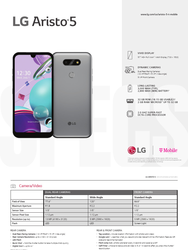 Aristo 5 PDF Specsheet TMO 06122020 | PDF | Camera | Lte (Telecommunication)