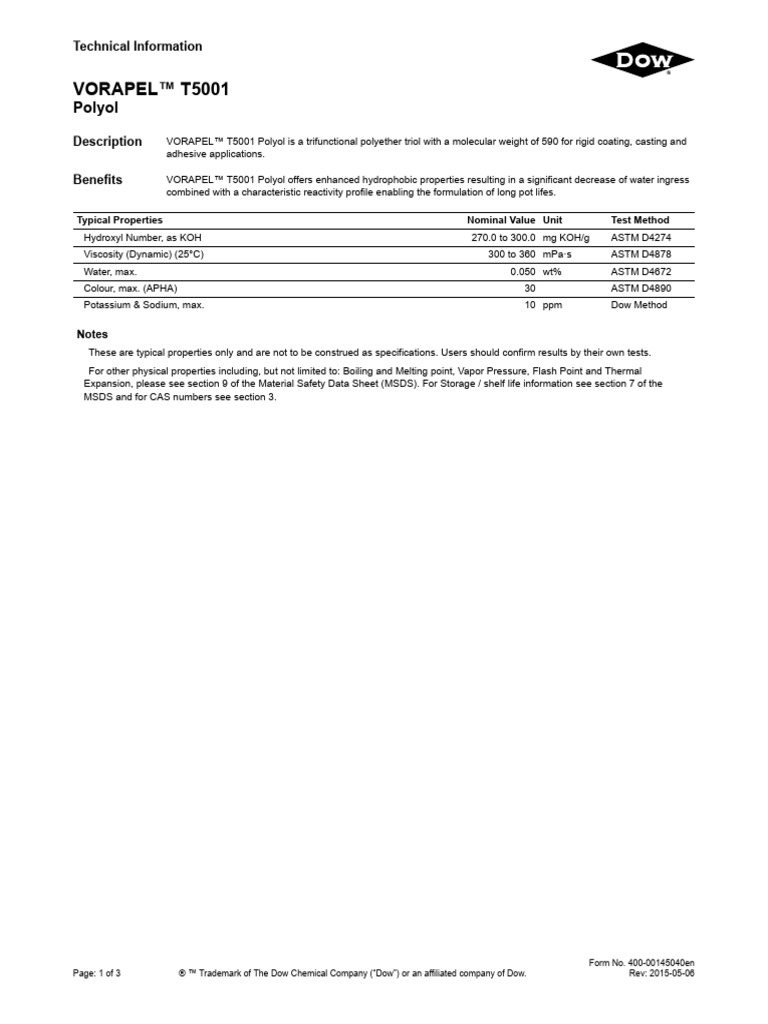 400-00145040en-vorapel-t5001-polyol-tds | PDF | Polyurethane | Water