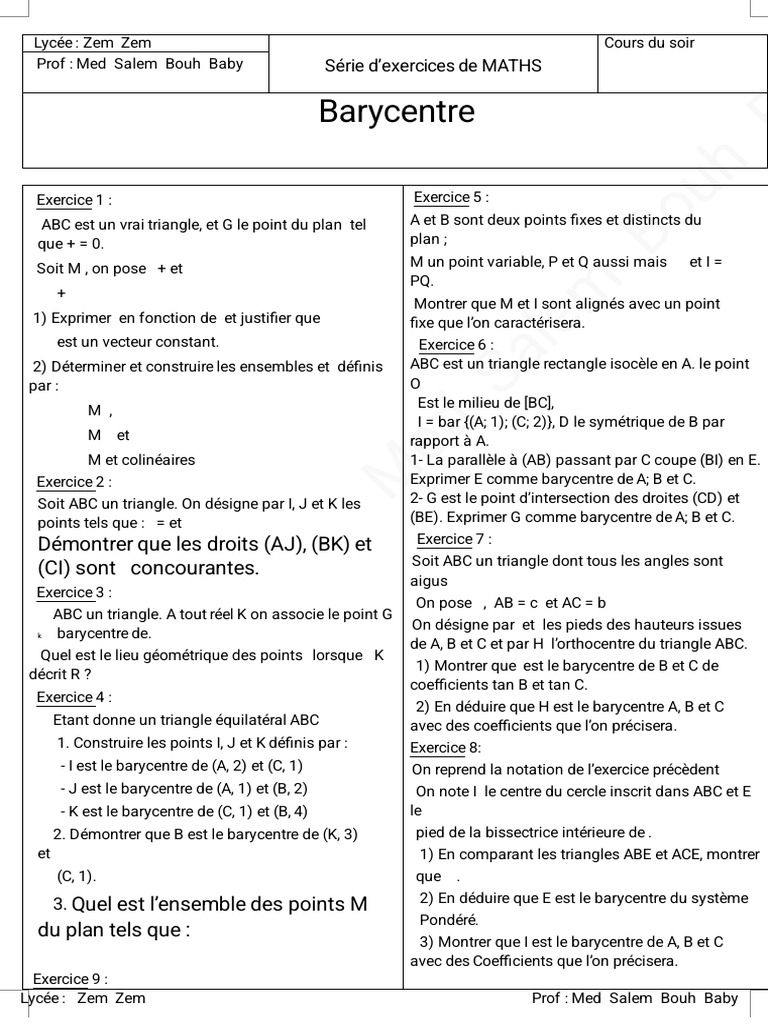 Exercices de Maths sur les Barycentres | PDF | Triangle | Triangle