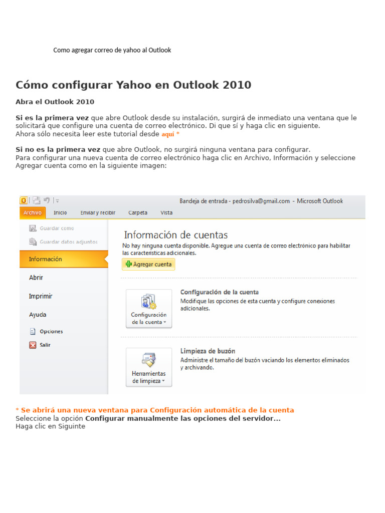 Como agregar correo de yahoo al Outlook | PDF